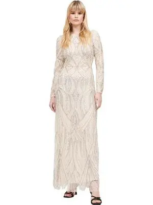 MARYISA Embellished Sequin Beaded Maxi Dress - Cream