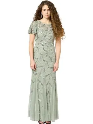 BEAUUT Embellished Sequin Beaded Maxi Dress - Sage Green