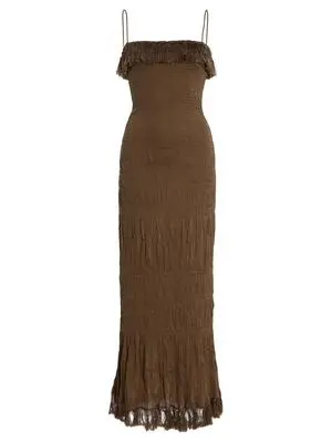 BY MALENE BIRGER Nova Fringe Smocked Satin Maxi Dress - Brown