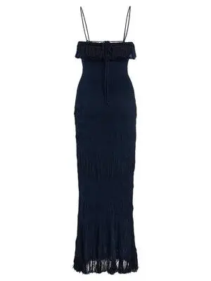 BY MALENE BIRGER Nova Fringe Smocked Satin Maxi Dress Navy