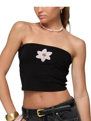 EDIKTED Luli Beaded Flower Tube Top - Black