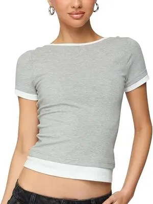 EDIKTED Julietta Contrast Layered T-shirt - Gray-melange