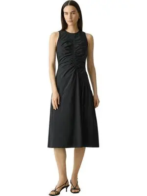 Theory Ruched Asymmetrical Midi Dress In Cotton-blend - Black