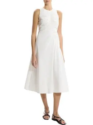 Theory Ruched Asymmetrical Midi Dress In Cotton-blend - White