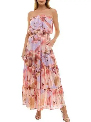 SOCIALITE Metallic Floral Strapless Maxi Dress - Lavender/ Coral