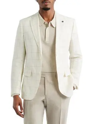 BOSS Hutson Slim Fit Windowpane Check Linen Blend Sport Coat - Open White