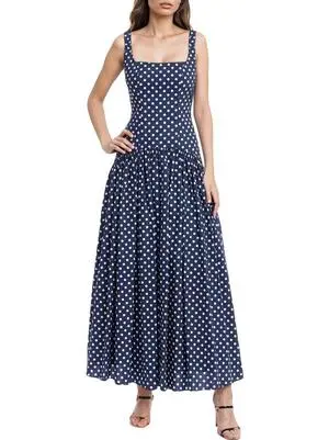 Badgley Mischka Polka Dot Drop Waist Cotton Maxi Dress - Midnight