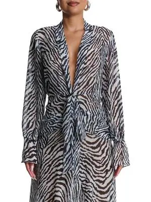Naked Wardrobe Plunge Tie-front Chiffon Top - Zebra White/black