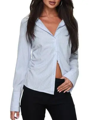 PRINCESS POLLY Rush Hour Stripe Shirred Button-Up Shirt