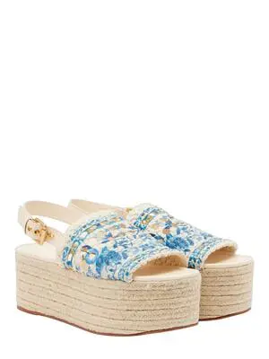 Farm Rio Printed Leather Platform Espadrilles - Blue