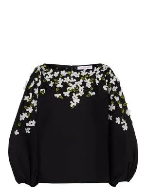 Carolina Herrera Floral-appliqué Cotton-blend Top - Black