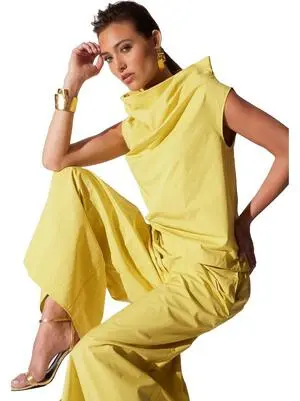 Natori Tech Cotton Taffeta Asymmetric Funnel Neck Top - Yellow