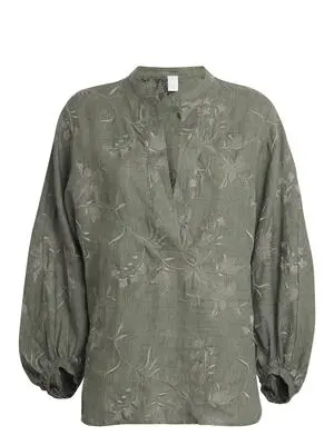 Eleventy Linen Floral-embroidered Blouse - Green