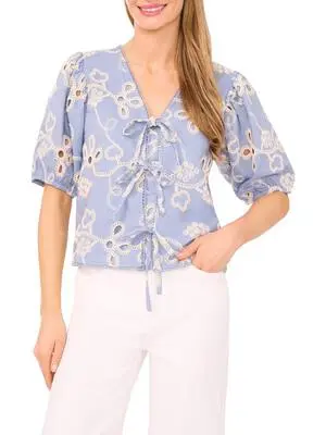 CECE DUPRAZ Embroidered Puff Sleeve Cotton Top Blue Pearl