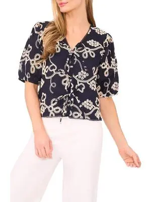 CECE DUPRAZ Embroidered Puff Sleeve Cotton Top - Night Shade