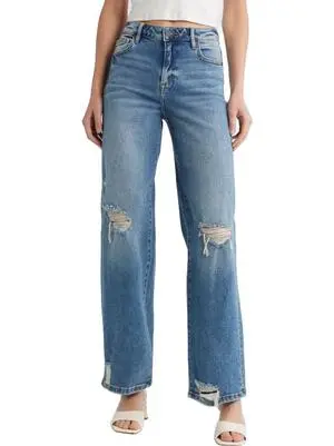 HIDDEN JEANS High-rise Distressed Wide-leg Jeans - Med.wash