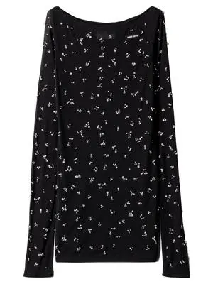 Miu Miu Embroidered Ribbed Knit Jersey Dress - Black