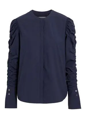 Another Tomorrow Shirred Cotton-poplin Blouse - Navy