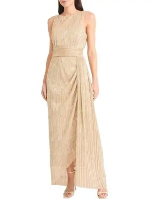 Maggy London Textured Metallic Side Ruched Gown - Gold