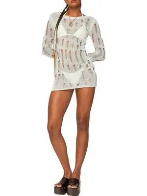 EDIKTED Open Stitch Long Sleeve Minidress - Cream