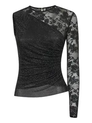 SELF-PORTRAIT Rhinestone-embellished Lace Top - Black