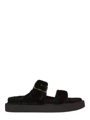GIUSEPPE ZANOTTI Furry Buckled Sheepskin Slides - Black