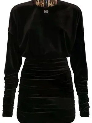 Dolce & Gabbana Dg Logo Draped Velvet Mini Dress - Black