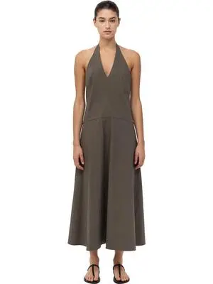 ST AGNI Halter Plunge 7/8 Length Dress - Khaki