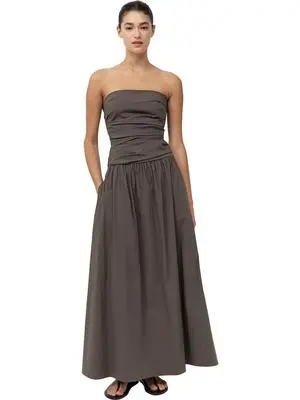 ST AGNI Gathered Strapless Tie Back Maxi Dress - Khaki