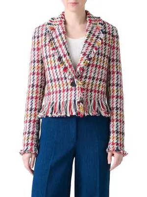 Akris Check Tweed Fringed Crop Jacket - Multicolor