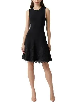 Rickie Freeman For Teri Jon Knit Fit-and-flare Lace Trim Dress - Black