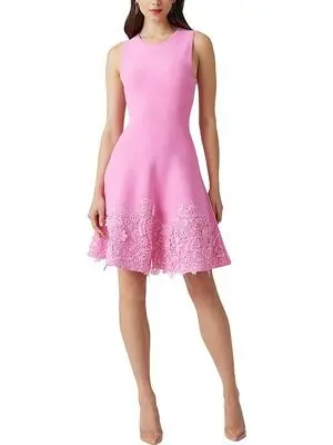 Rickie Freeman For Teri Jon Knit Fit-and-flare Lace Trim Dress - Car Pink