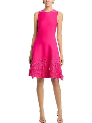 Rickie Freeman For Teri Jon Knit Fit-and-flare Lace Trim Dress - Hot Pink