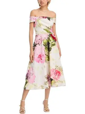 Rickie Freeman For Teri Jon Off-the-shoulder Cotton Dress With Beaded Flower Detail - White Multi