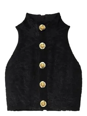 Balmain Cropped Button-embellished Jacquard Top - Black