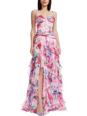 Dress The Population Lux Ruffle Evening Gown - Pink Rose Multi