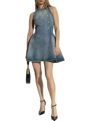 Balmain Button-embellished Denim Dress - Blue