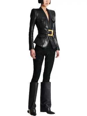 Balmain Belted Lambskin Leather Jacket - Black