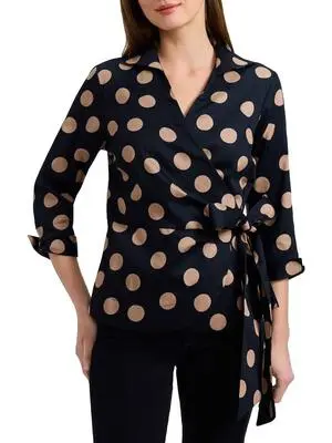 Foxcroft Salina Polka Dot Cotton Wrap Shirt - Black/ Almond