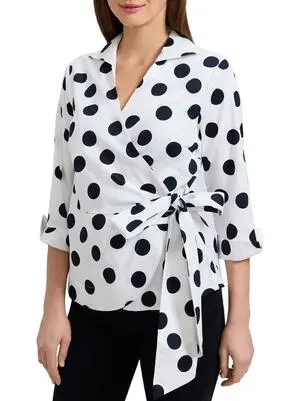 Foxcroft Salina Polka Dot Cotton Wrap Shirt - White/black