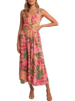 PETAL & PUP Oasis Print Cutout Midi Dress - Pink Rio
