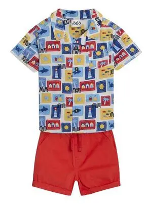 JOJO MAMAN BEBE Seaside Print Camp Shirt & Drawstring Shorts Set - Red