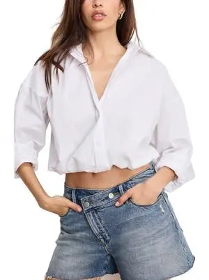 Good American Bubble Hem Crop Poplin Button-up Shirt - White001