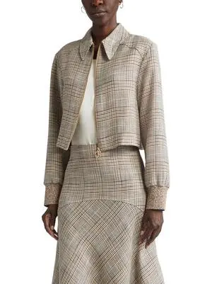 St. John Prince Of Wales Plaid Crop Jacket - Camel/ Ecru/ Mouline