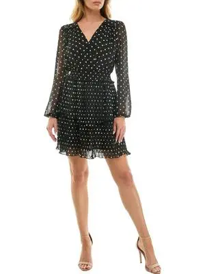 SOCIALITE Long Sleeve Tiered Chiffon Mini Dress - Black/ Ivory Micro Dot