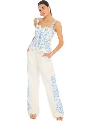 Allison Audrey Embroidered Pant - Blue / Stripe / White
