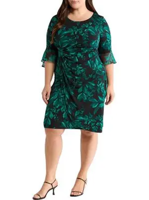 CONNECTED APPAREL Floral Faux-wrap Midi Dress With Bell Sleeves - Hunter