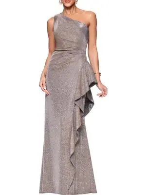 XSCAPE EVENINGS One-shoulder Ruffle Detail Glitter Knit Gown - Sand