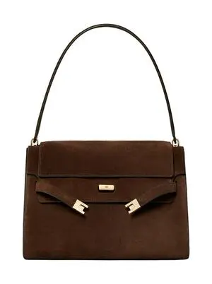 Tory Burch Lee Radziwill Large Suede Shoulder Bag - Dark Cocoa