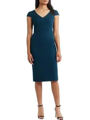CONNECTED APPAREL V-neck Sheath Dress - Dark Mallard/gold